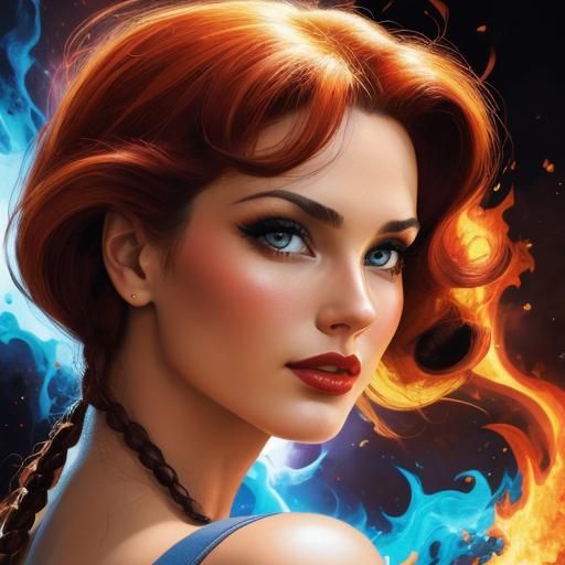 Alluring, flame, beautiful, fire face (3D 1.7) in the style of Gil ...