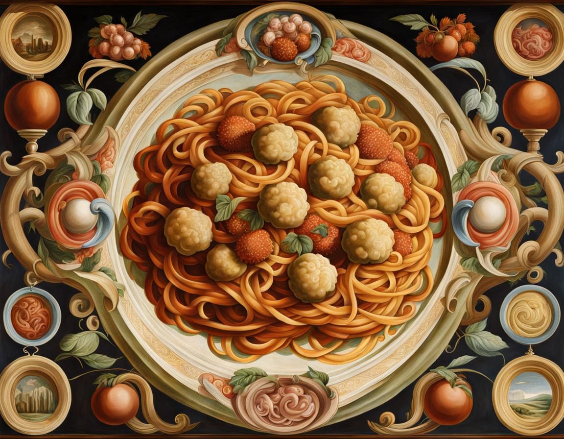 pasta, sauce and meat balls, by Michelangelo, Antique mural, Fresco ...