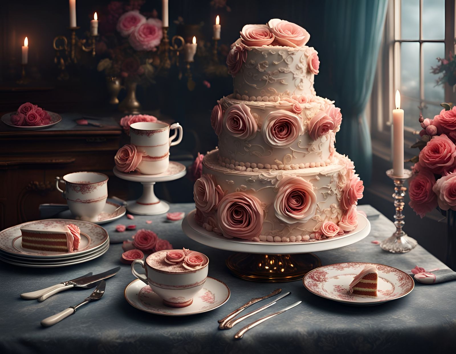 A Multi-Tiered Layered Cake With Thick Icing, Roses, Cake Slicer ...
