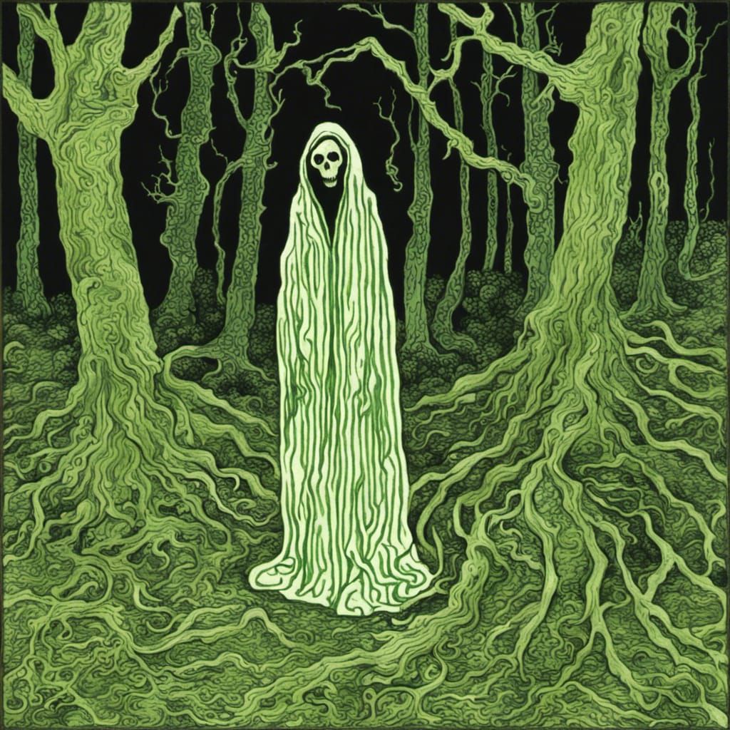 Ghostly figure in the green mossy forest by artist "Van Gogh, Vermeer ...