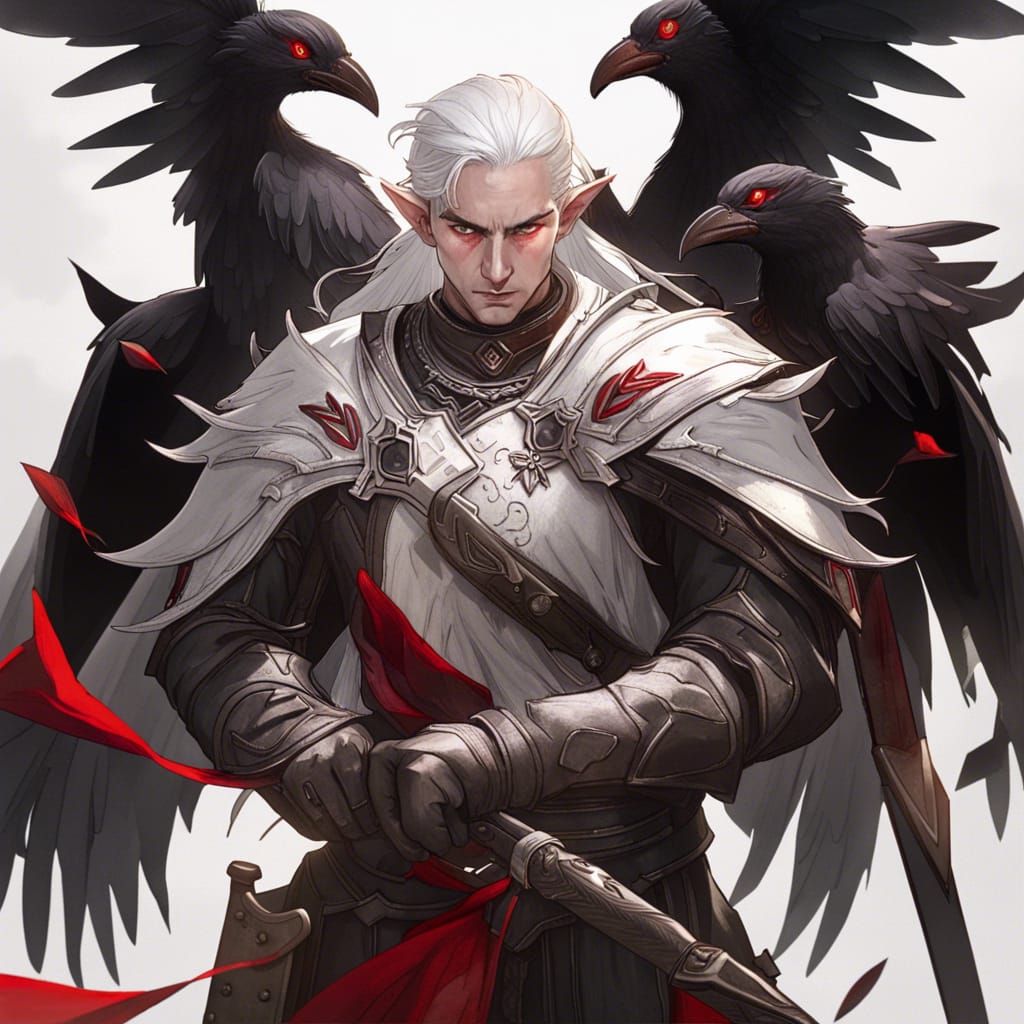 d&d male elf, white hairs, pale skin, red eyes, heavy armor wielding a ...