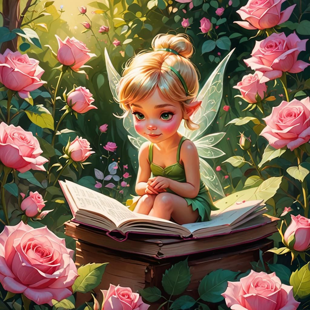 small Tinkerbell fairy, reading, sits inside a big pink rose ; sunny ...