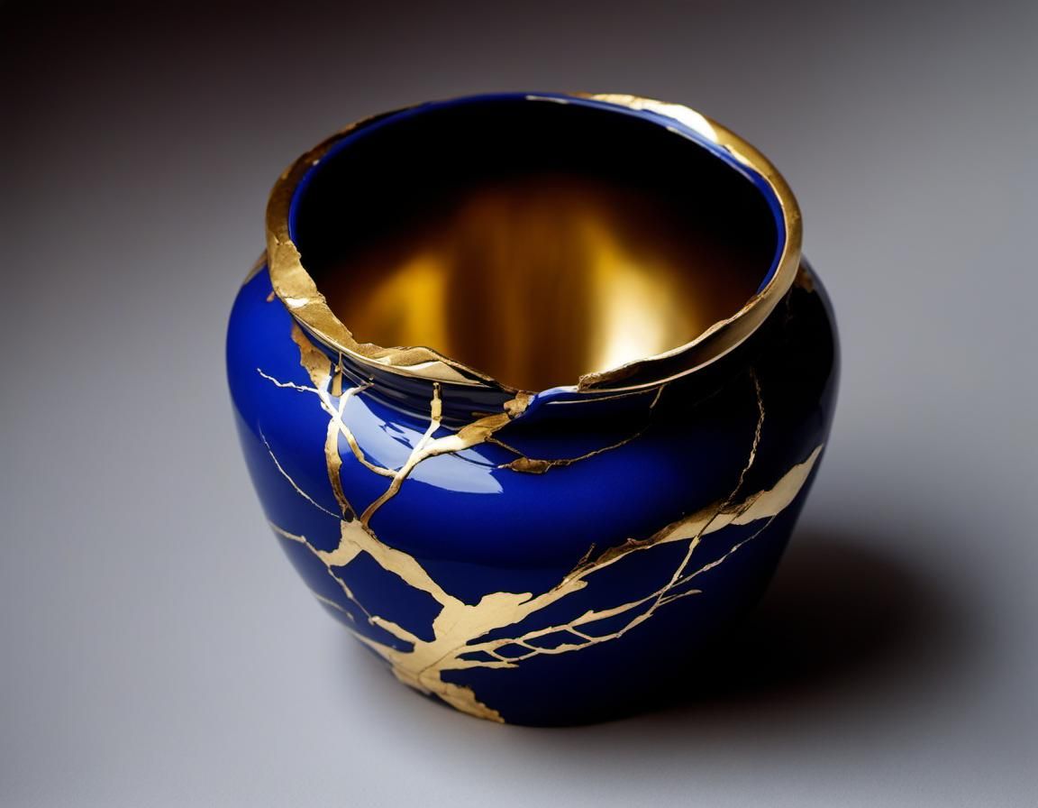 Imperfect Things, broken blue pot Kintsugi repaired with gold - AI ...