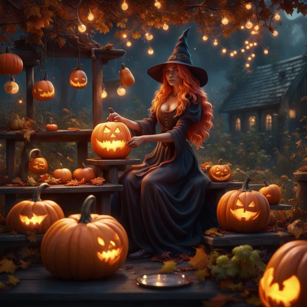 Girl witch hair flowy fall pumpkins preparing a potion in the garden ...