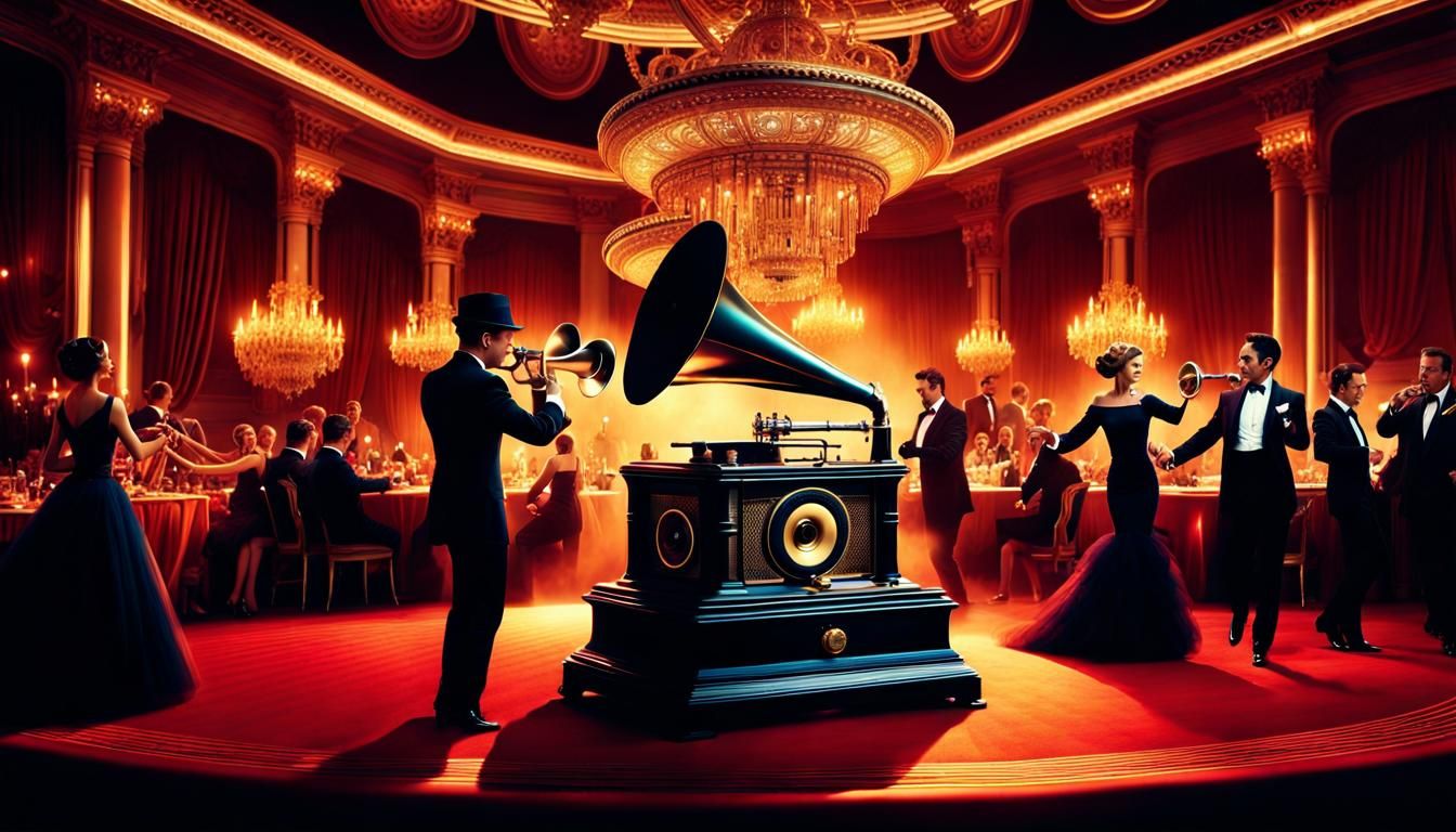 An intricate design vintage phonograph, playing music in a modern ...