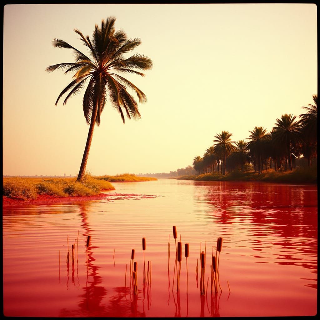 Dark Red Nile River Landscape with Palm Trees and ... - AI Art
