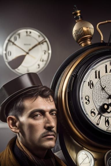 Time Traveler with clocks and hourglasses Close up portrait, ambient ...