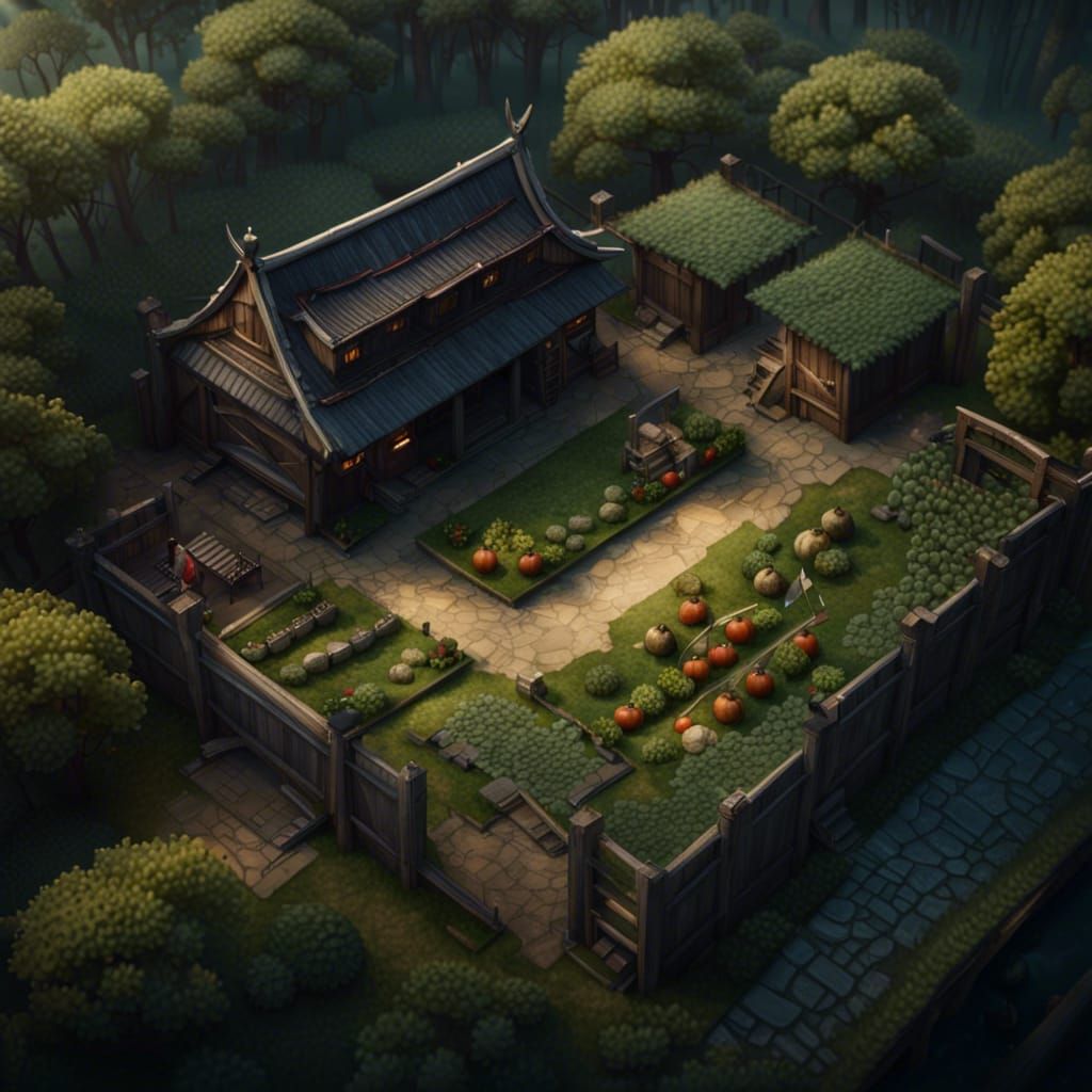 High angle view of a small dojo surrounded by a vegetable garden, a ...