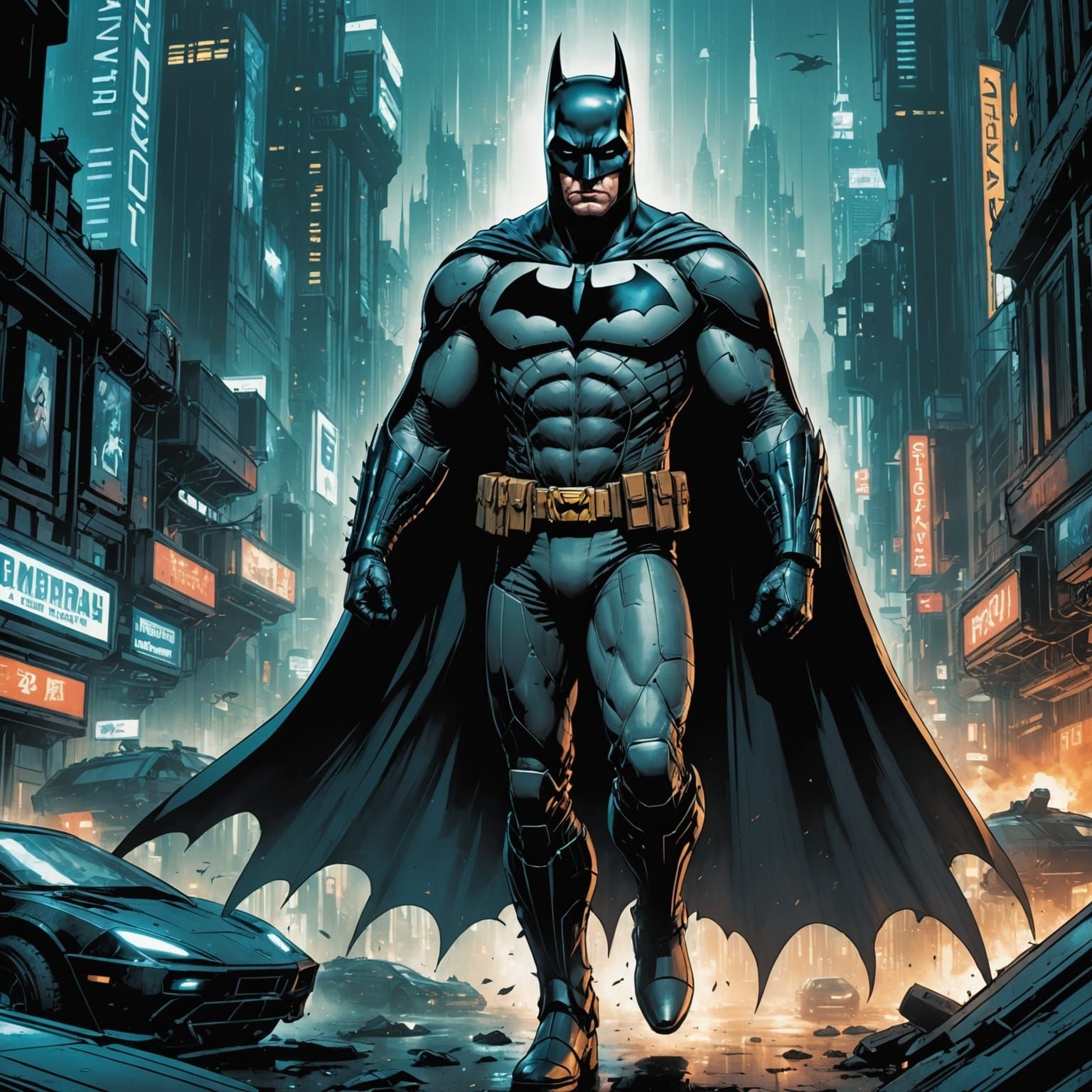 Dark Knight of Neo-Gotham in Cyberpunk Splendor - AI Art