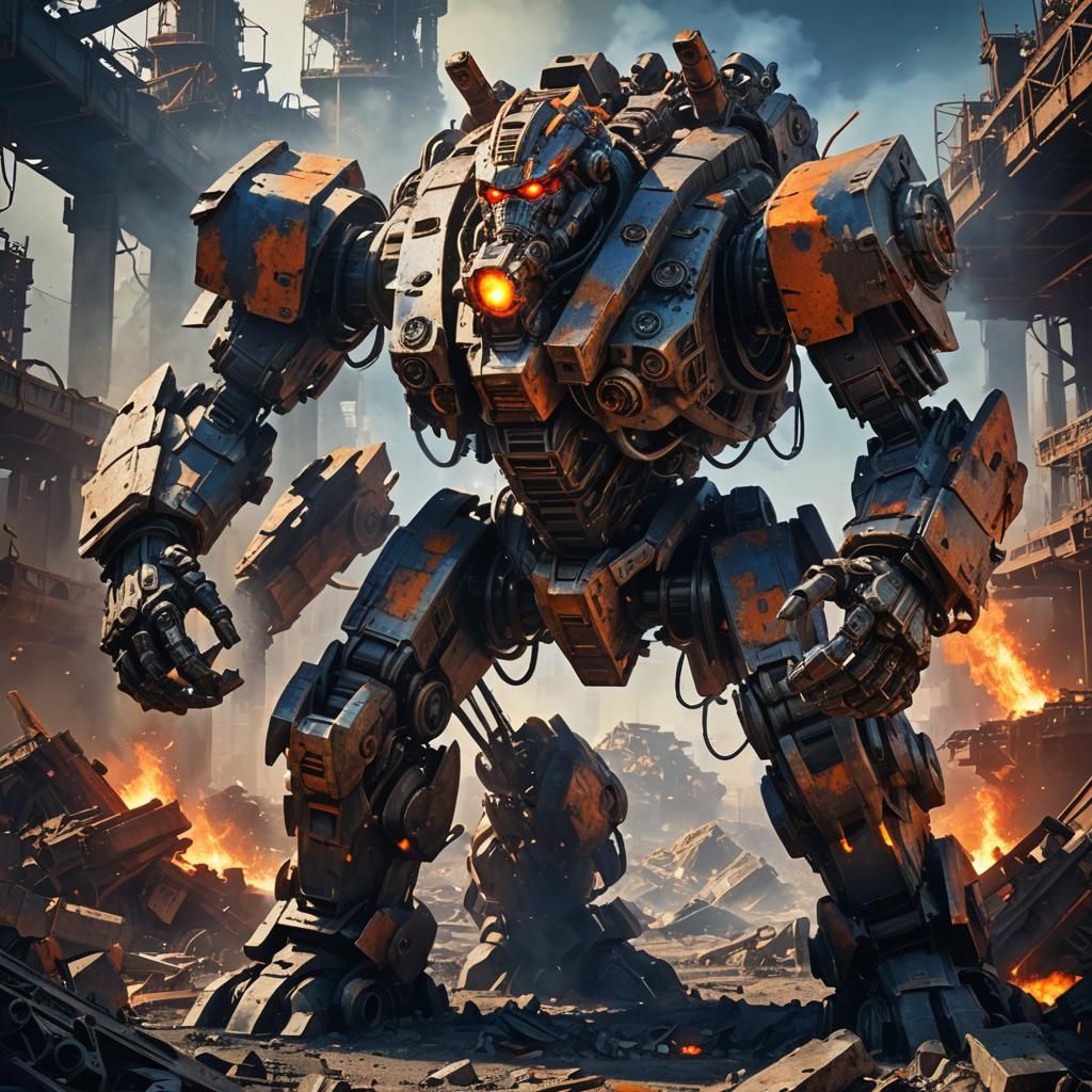 A Mech Version Of An Ape, Scary, Huge, Burned land... - AI Art