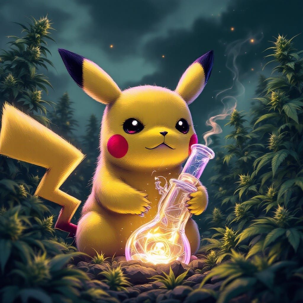 Hyper-Realistic Pikachu Smokes Bong in Cannabis Fi... - AI Art