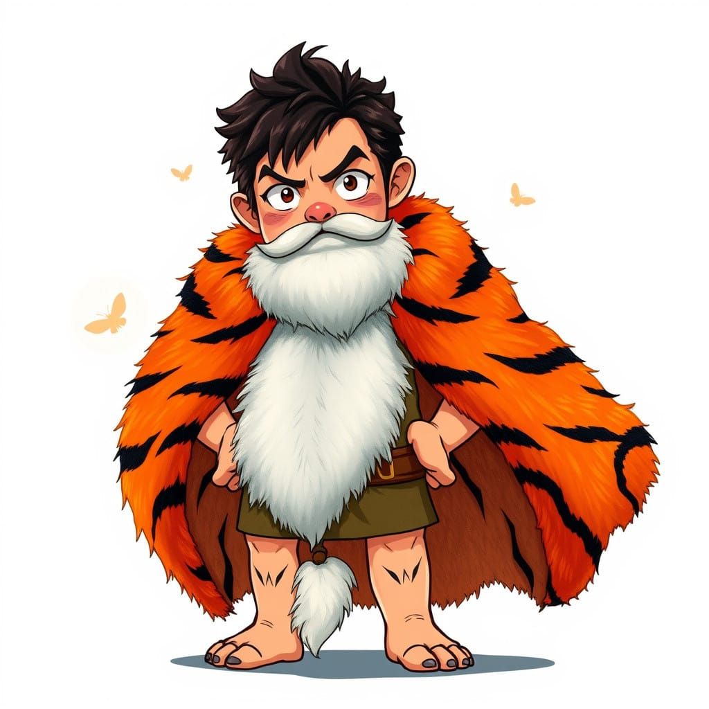 Confident Caveman in Tiger Fur Cloak with Chibi St... - AI Art