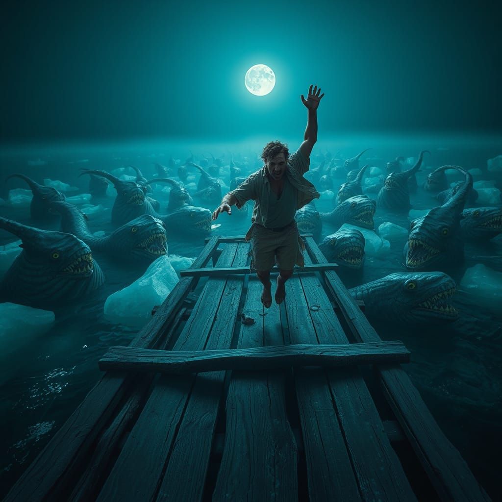 Human Figure Confronts Colossal Moray Eels in Dark... - AI Art