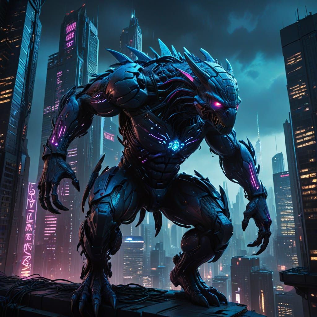 a futuristic city skyline, a mutant creature climbing over buildings