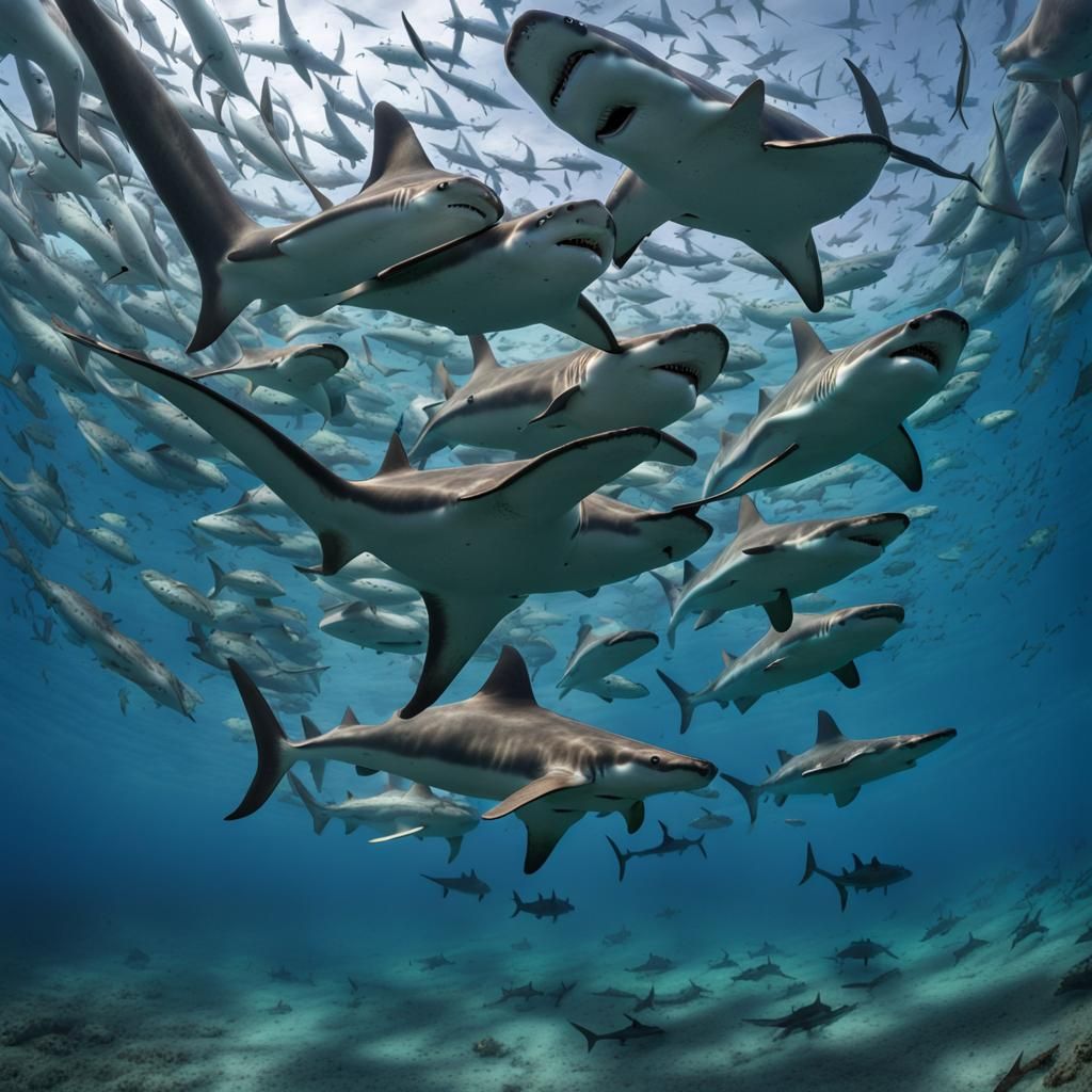 Many hammerhead sharks swimming in a circle as seen from underwater and below, menacing ...