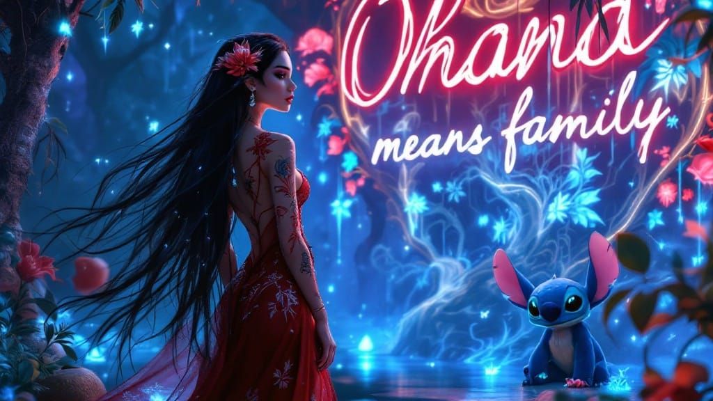 Goth Lilo in Stunning Red Moo Moo Dress with Biolu... - AI Art