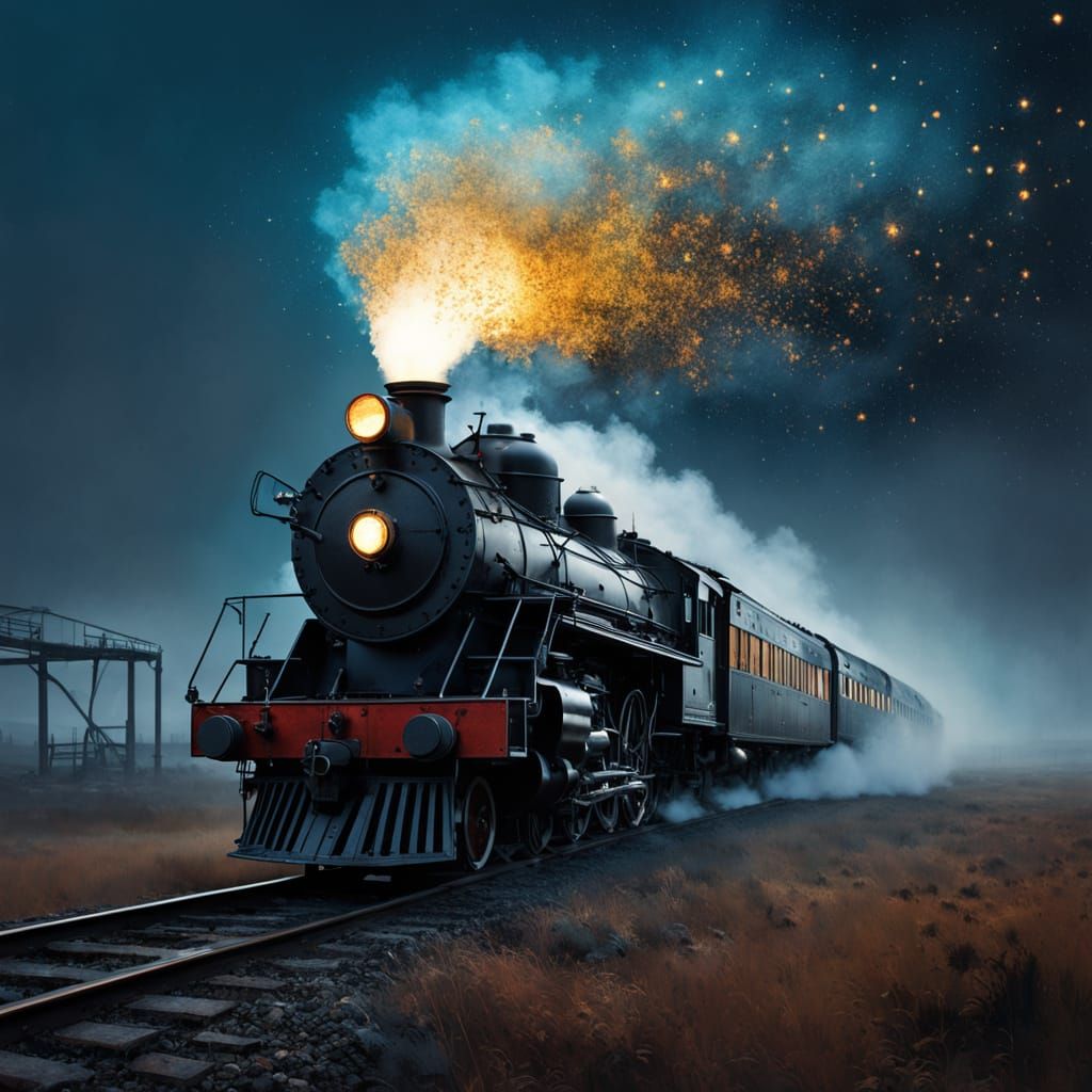 ,A vintage steam engine train chugging through a foggy landscape.