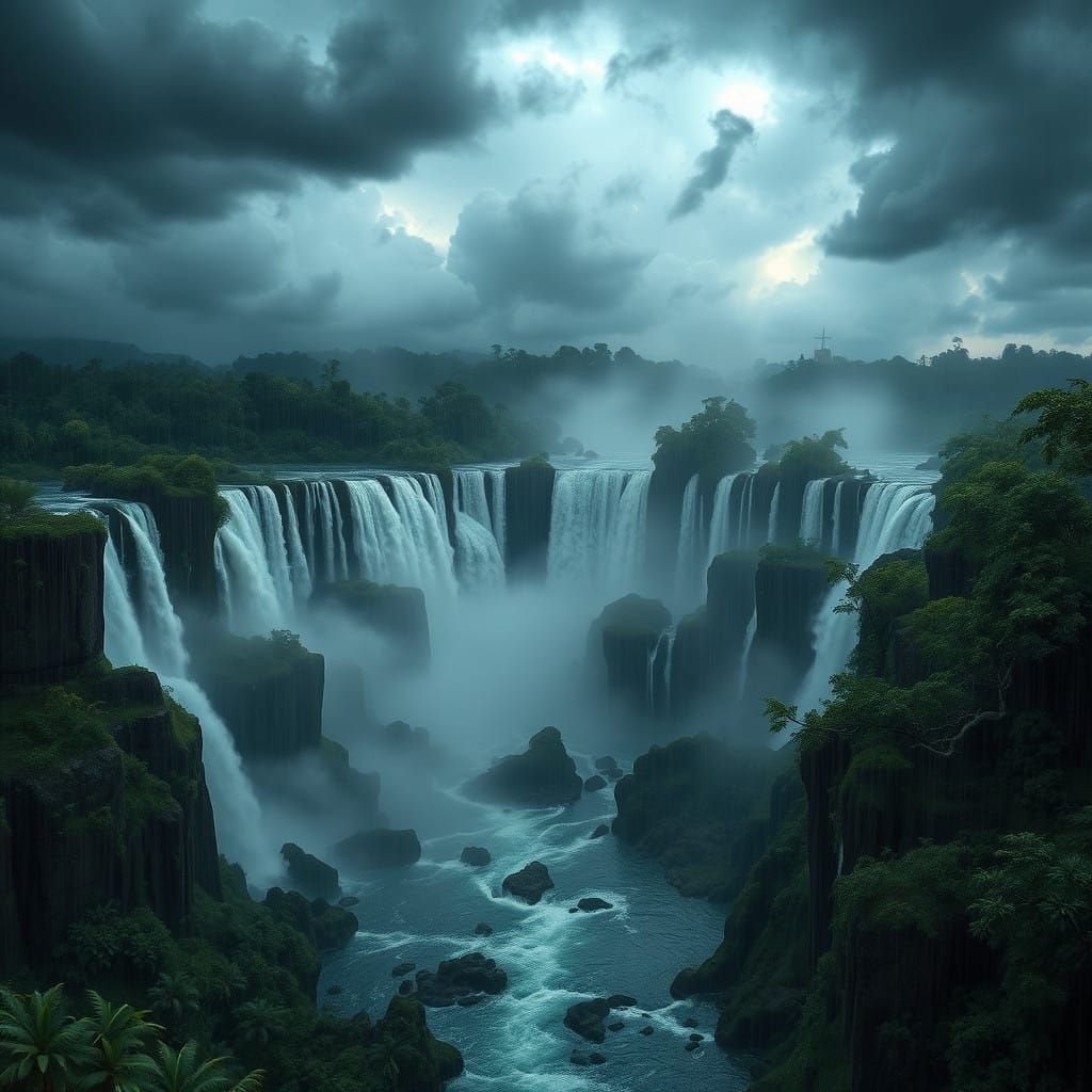 A breathtaking view of Iguazu Falls during a tropical storm, with dark ...