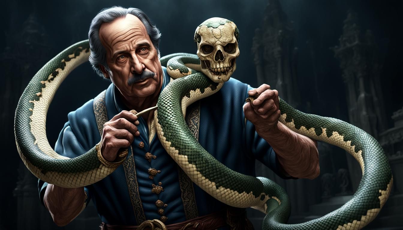 Jon Lovitz with a long snake body holding Shakespeare, photorealistic ...