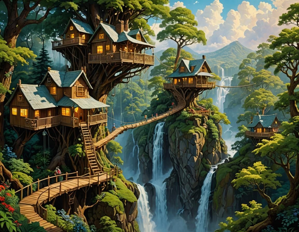 Modern Treehouse village - AI Generated Artwork - NightCafe Creator