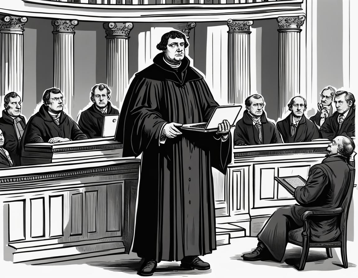 Martin Luther in modern clothing with a laptop is standing in Congress ...