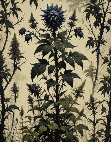 gothic wolfsbane plant herbal vintage botony in foreground werewolf ...