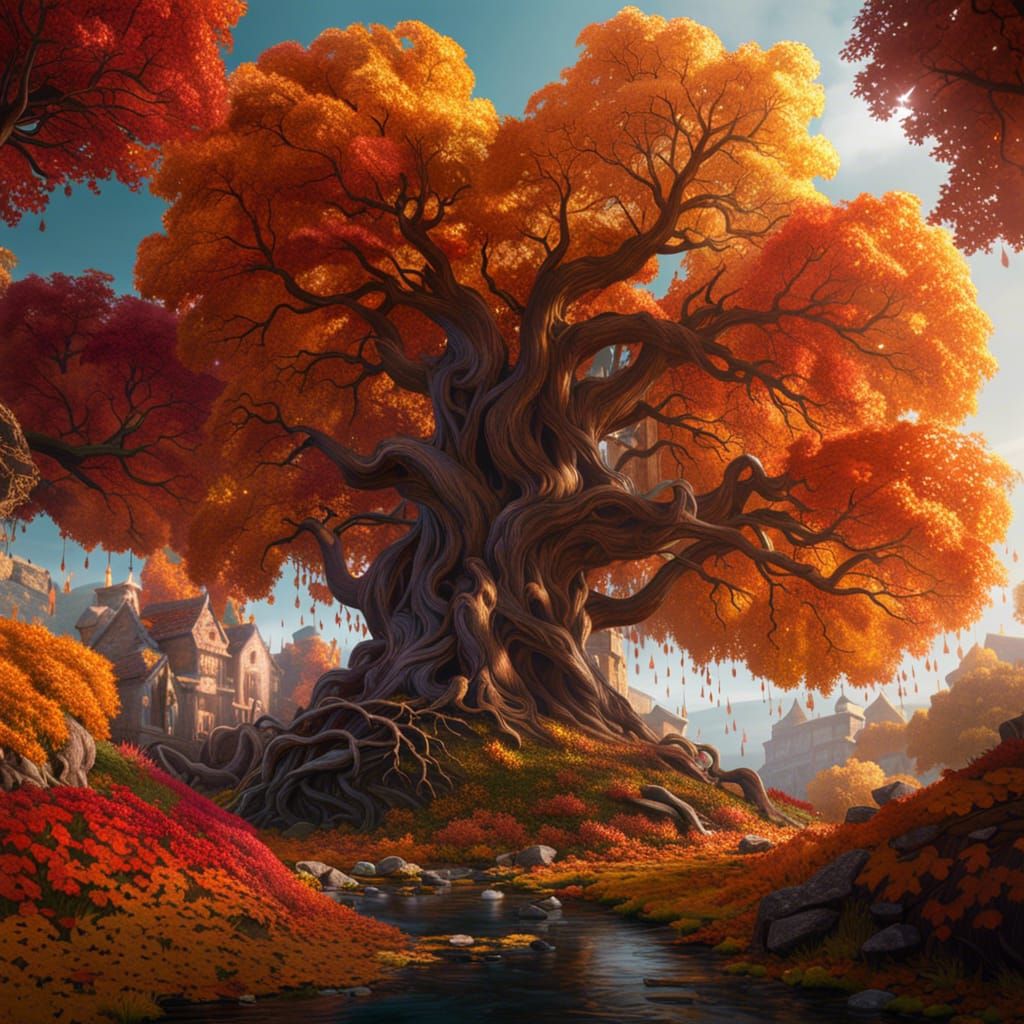 Autumn hugs spring, detailed matte painting, deep color, fantastical ...