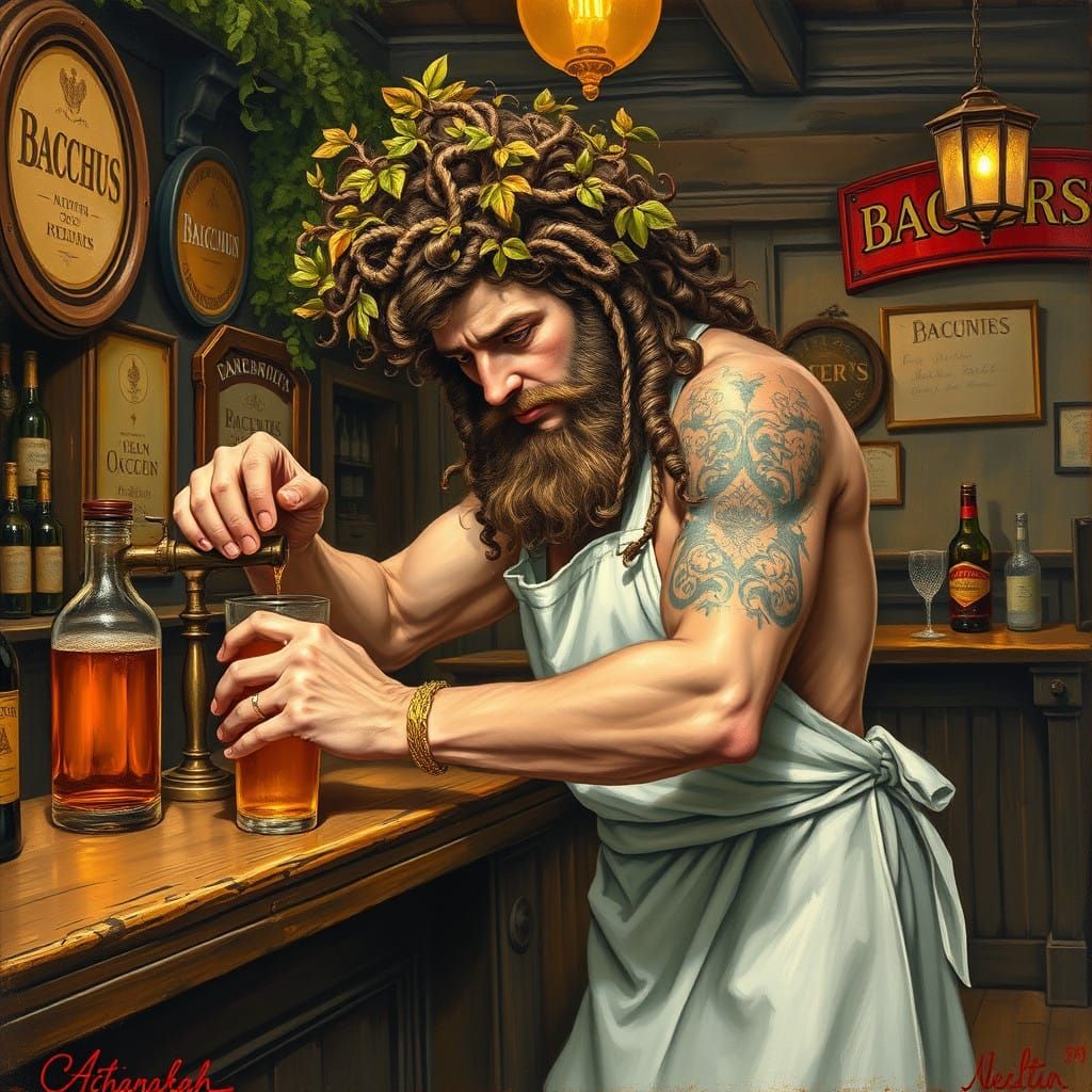 Bacchus, with vines in his hair, working as a barm... - AI Art