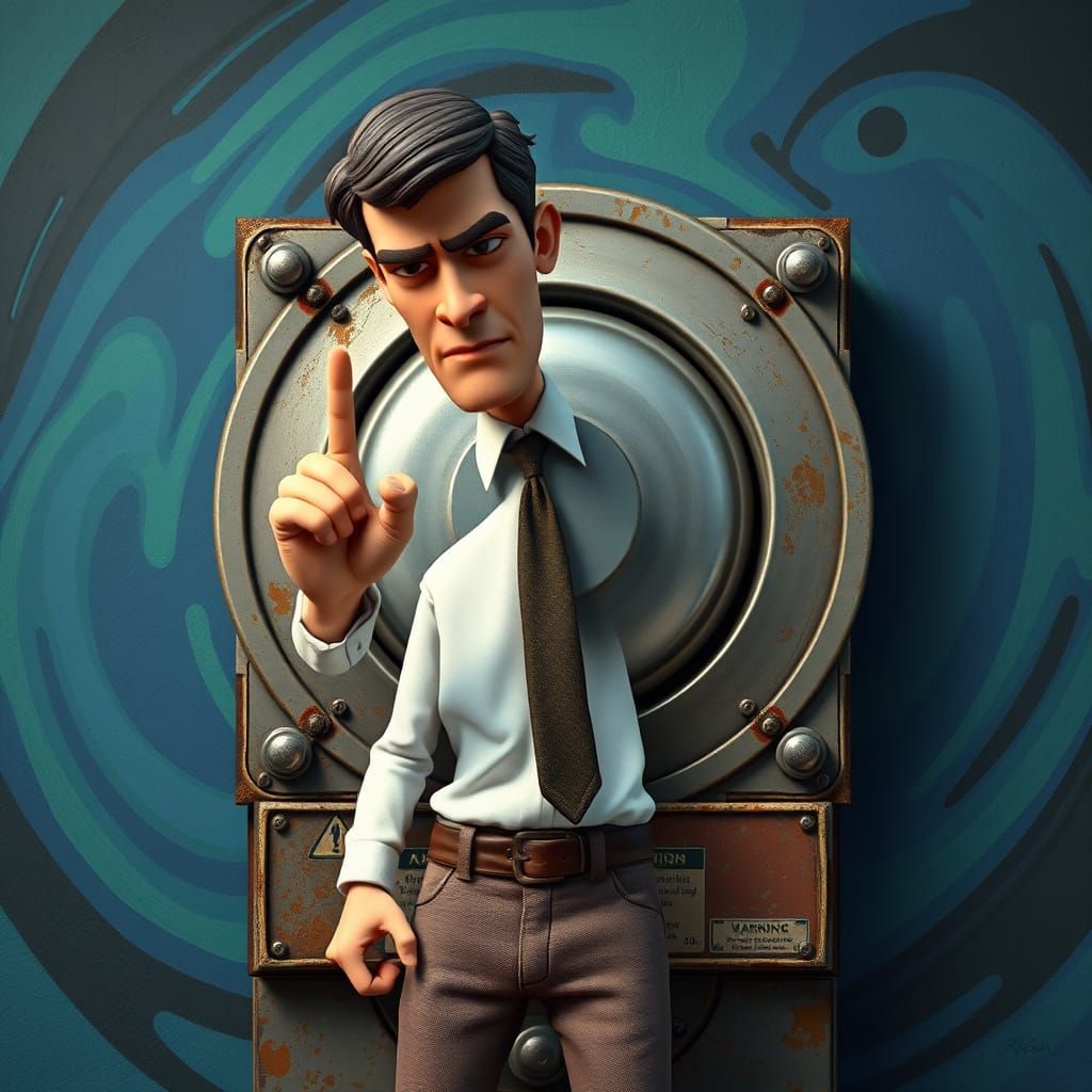 Man Hesitates Before Ominous Button in a Muted, Ex... - AI Art