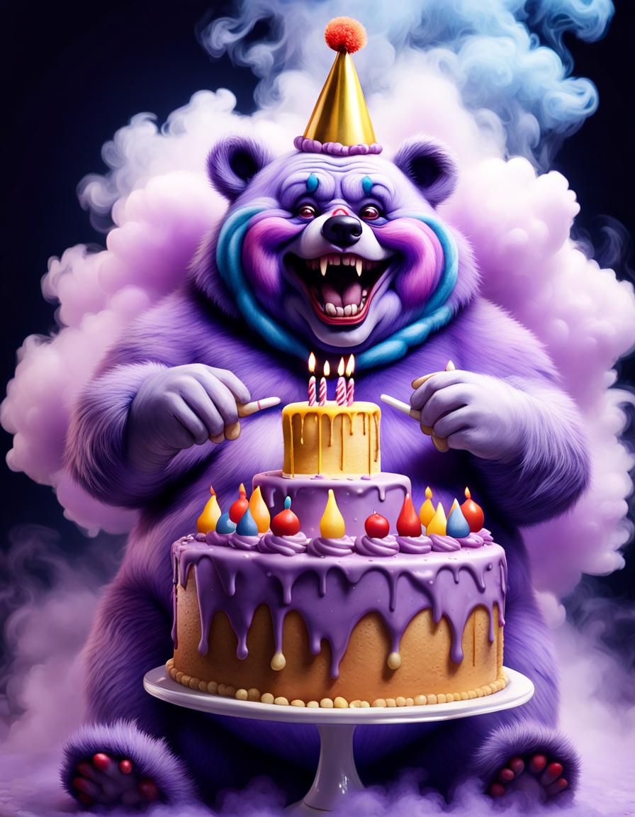 photograph portrait of fuzzy happy obese Oriental Purple Bear Cub Clown ...