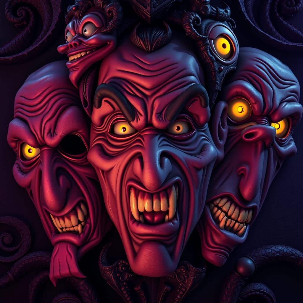 a wall of different freaky scary cartoon faces intricate details, HDR ...