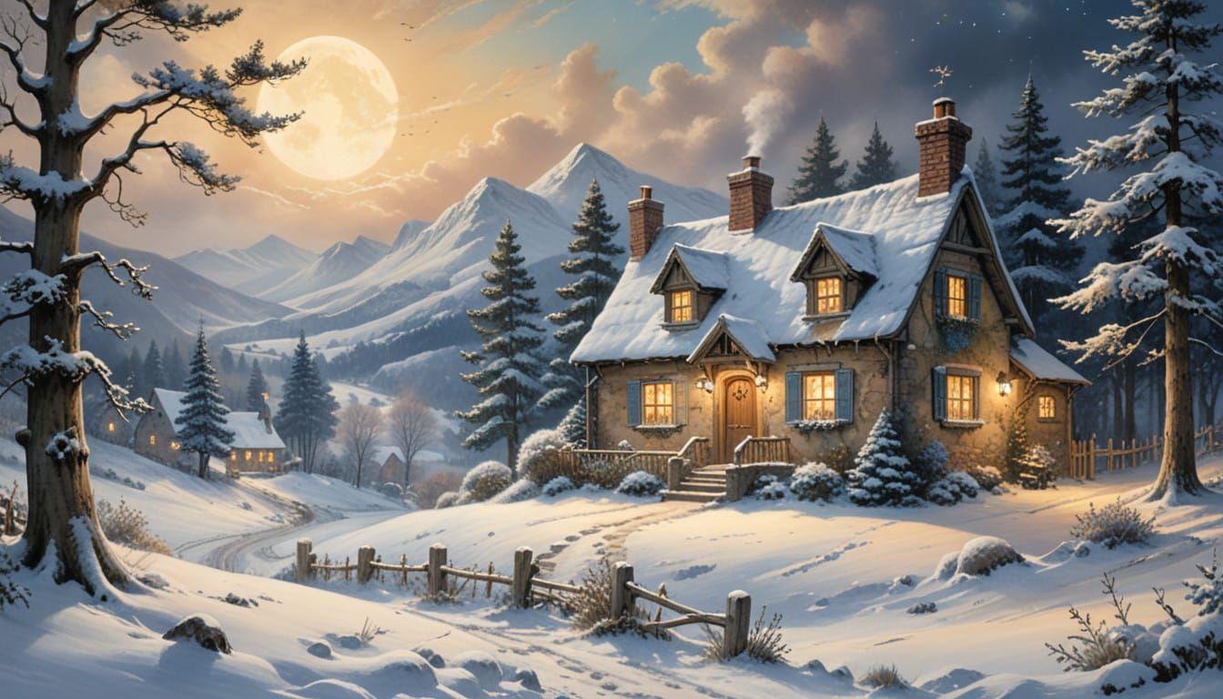Winter nightscape - A Winter Cottage Scene, Radiant with Gol...