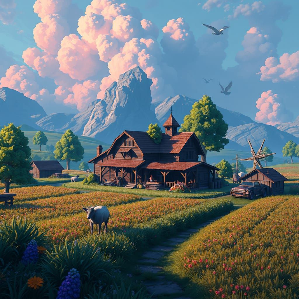 A pixelated farm scene - Surreal Pixel Art Farm Scene in Vib...