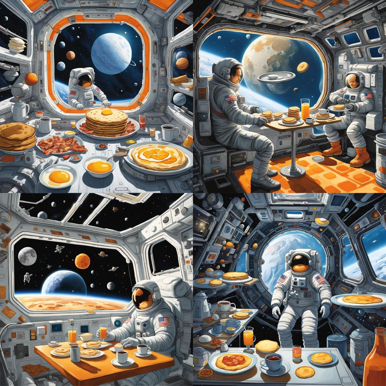 Inside a space station, an astronaut floats leisurely, surrounded by floating pancakes, eggs ...