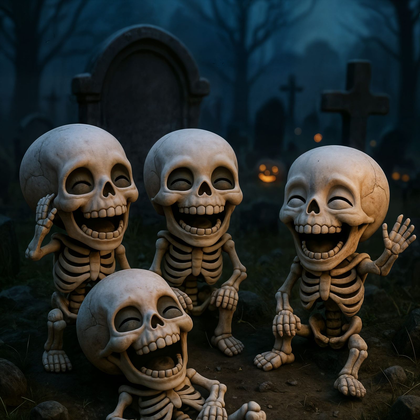 Funny Bones - Laughing Chibi Skeletons in Graveyard, CGI Sty...