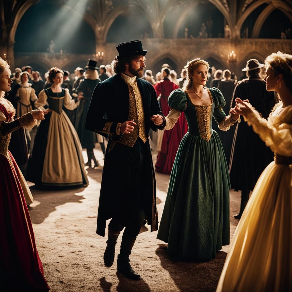 Gorgeous medieval ball with richly dressed dancing people, Cinematic ...