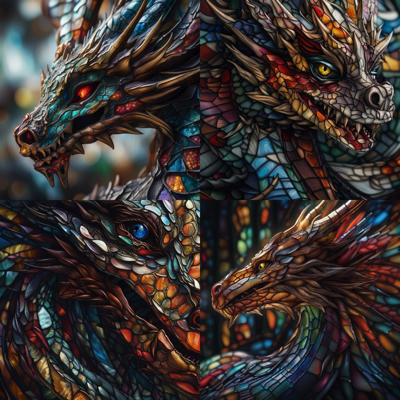 A close up hyperfocused HD photo of an insanely intricate portrait of a dragon made of stained ...