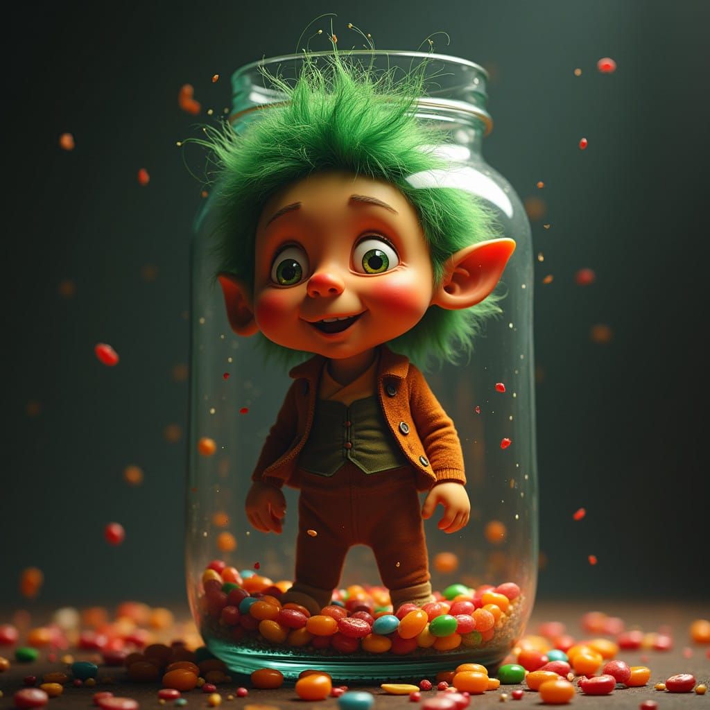 A Captive Oompa Loompa Pleads in a Glass Candy Jar - AI Art