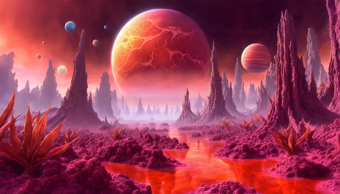 A fantastic landscape with planets in the sky, beautiful artist's ...
