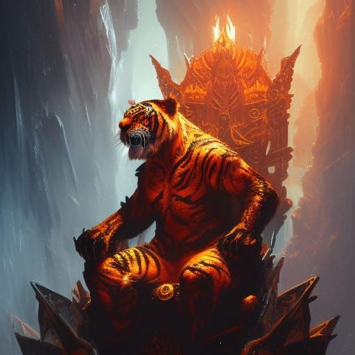 An Evil Tiger villain sitting on an throne in the underworld - AI ...