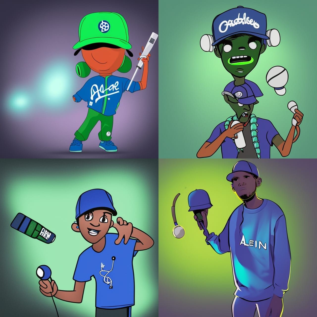 photorealistic alien rapper wearing blue baseball cap and holding ...