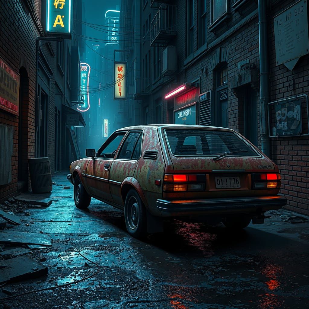 Cyberpunk Hatchback in Gritty Dystopian Cityscape - AI Art