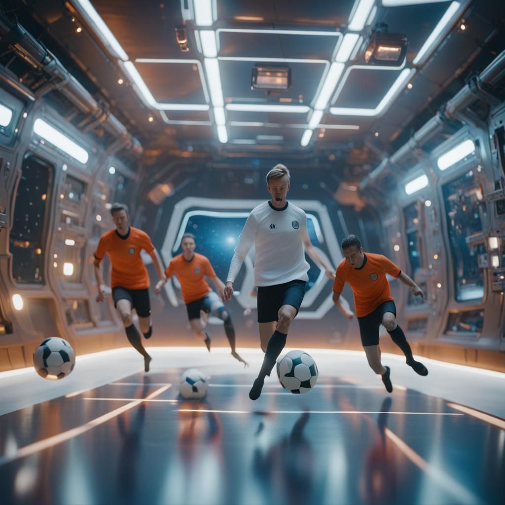Floating people in various orientations playing zero-g soccer in a ...