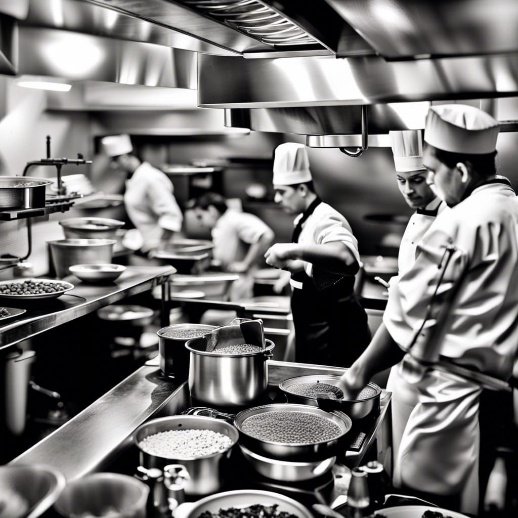 Chefs hard at work inside a busy kitchen of a restaurant, black and ...
