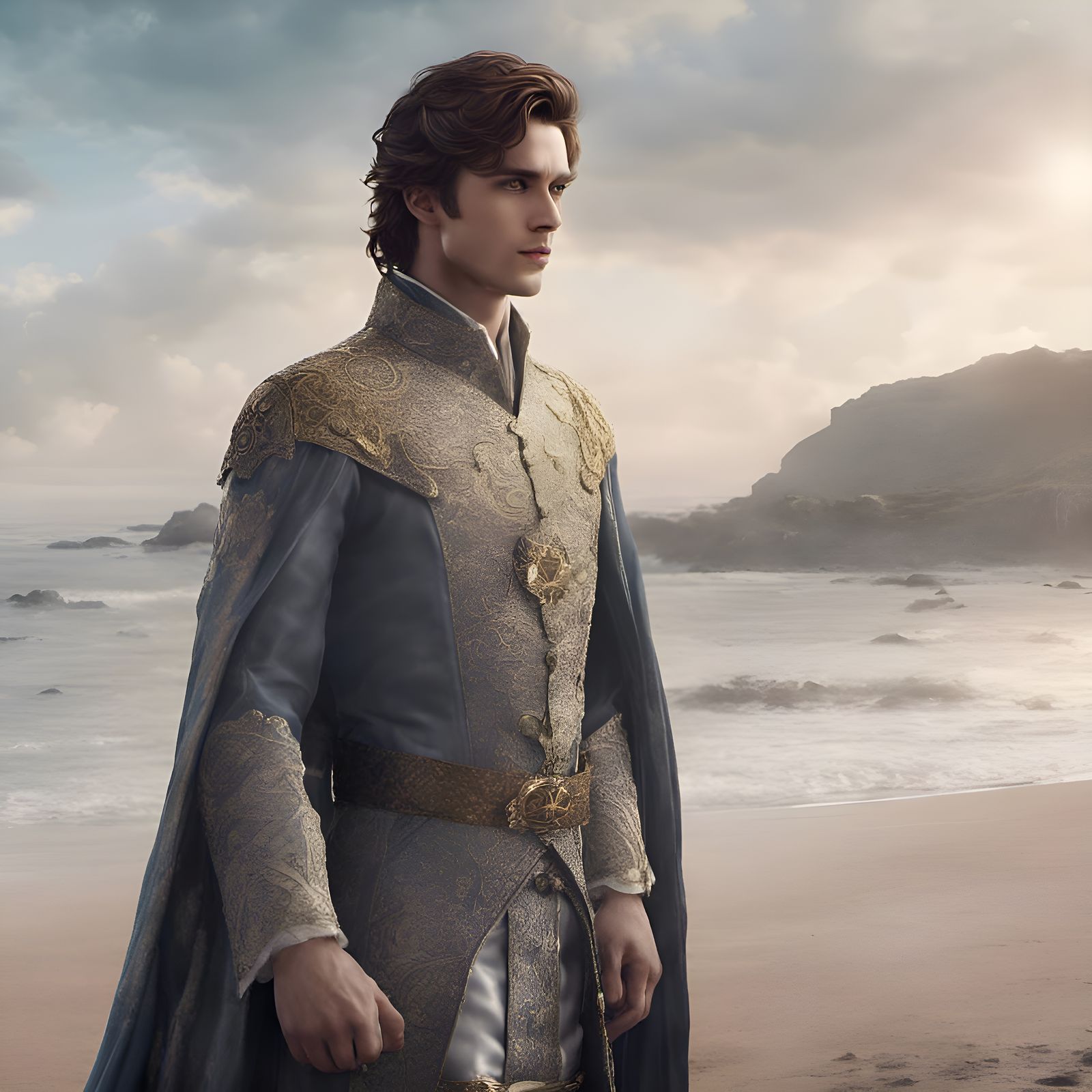 A picture of a young and handsome prince standing on a beach, looking ...