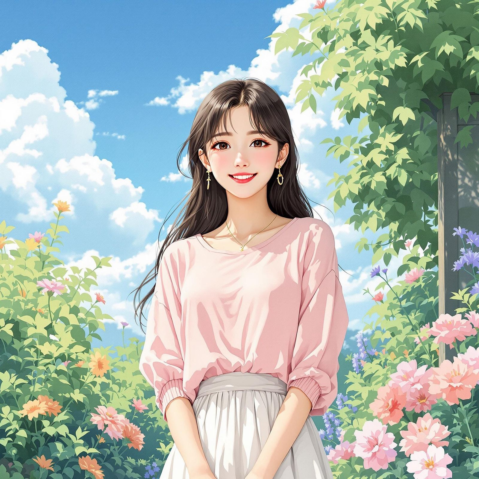 Gentle Anime Woman Basks in Serene Nature - AI Art