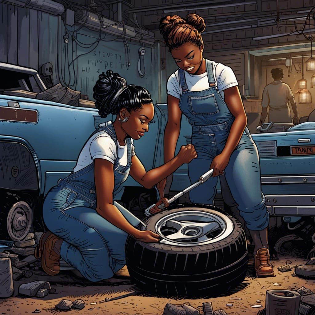 Lady Mechanics Changing a Tire - AI Generated Artwork - NightCafe Creator