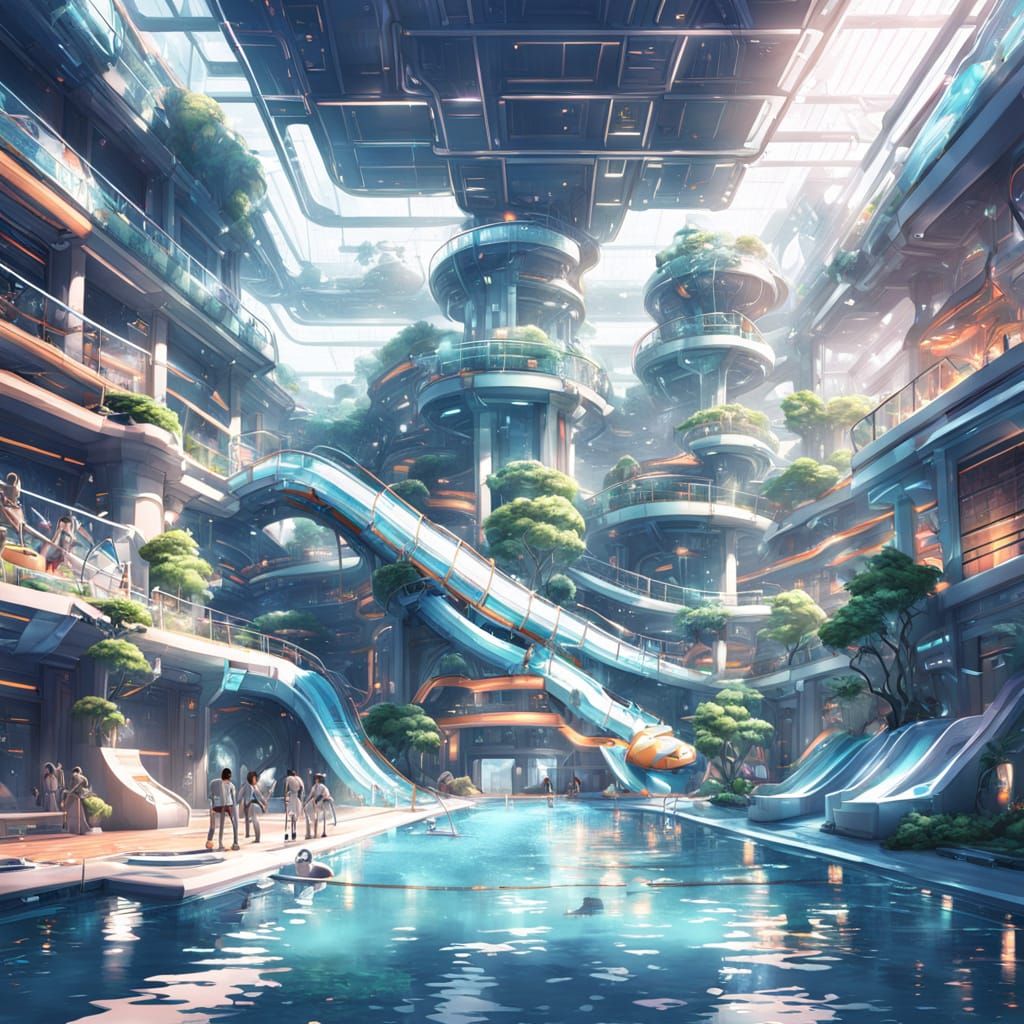 Surreal Futuristic Waterpark with Breathtaking Poo... - AI Art