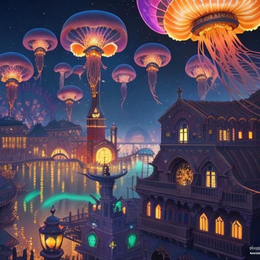 (Venetian carnival in a clockpunk city surrounded by lots of flying ...