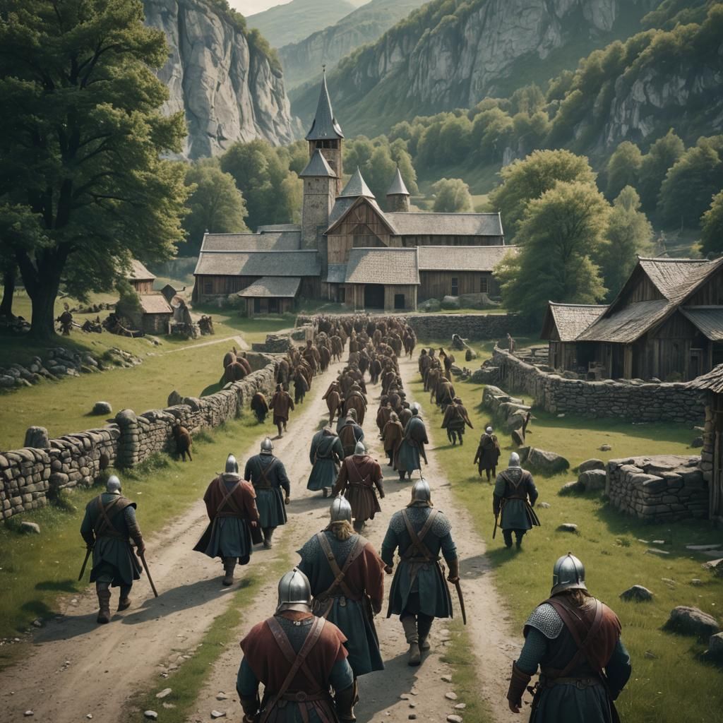 8th century Viking warriors approaching a Christian monastery - AI ...